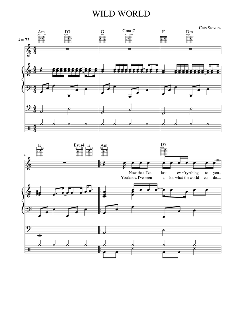 WILD WORLD Sheet music for Piano, Bass guitar, Drum group (Mixed Trio ...