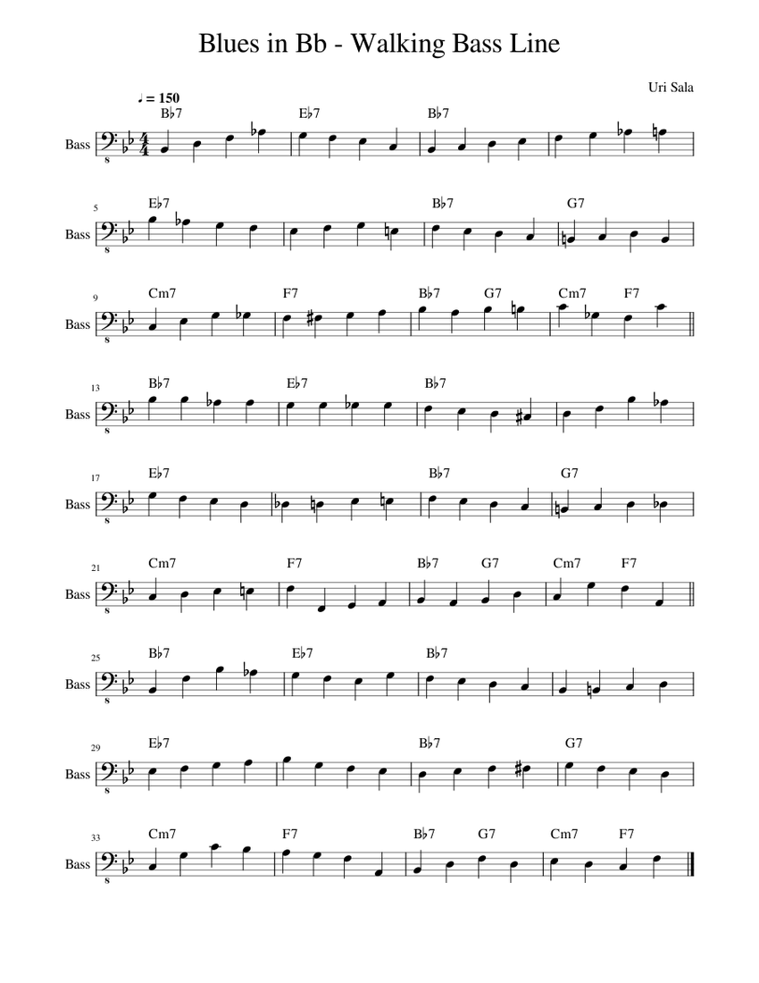 Blues in Bb - Walking Bass Line Sheet Music with Chords for Piano (Solo ...