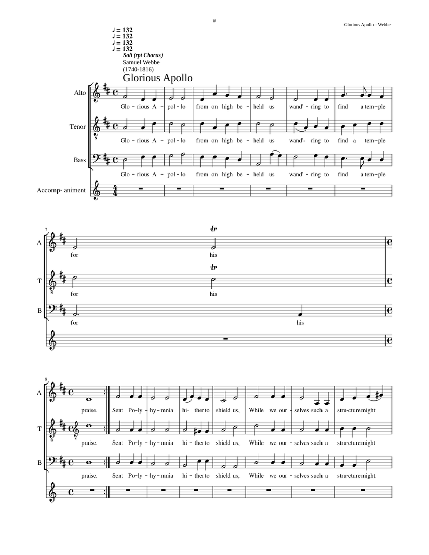 Glorious Apollo - Samuel Webbe Sheet Music for Bass guitar (Solo ...
