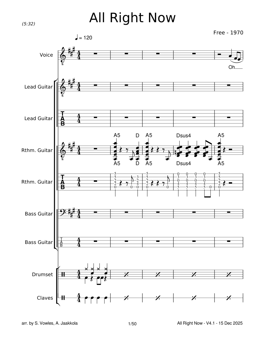 All Right Now (Free) Sheet Music and Tab with Chords for Vocals, Guitar ...