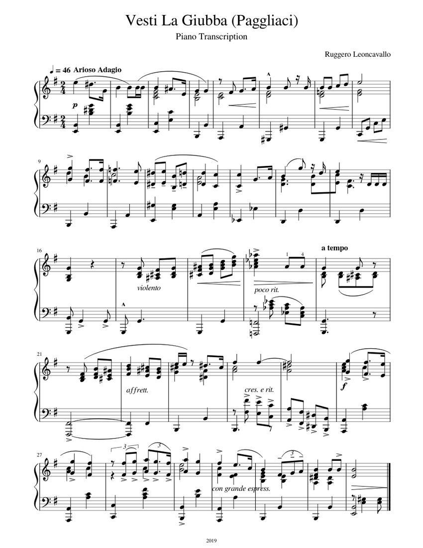 Leoncavallo - Pagliacci: Vesti La Giubba (Canio 's Aria) piano ...
