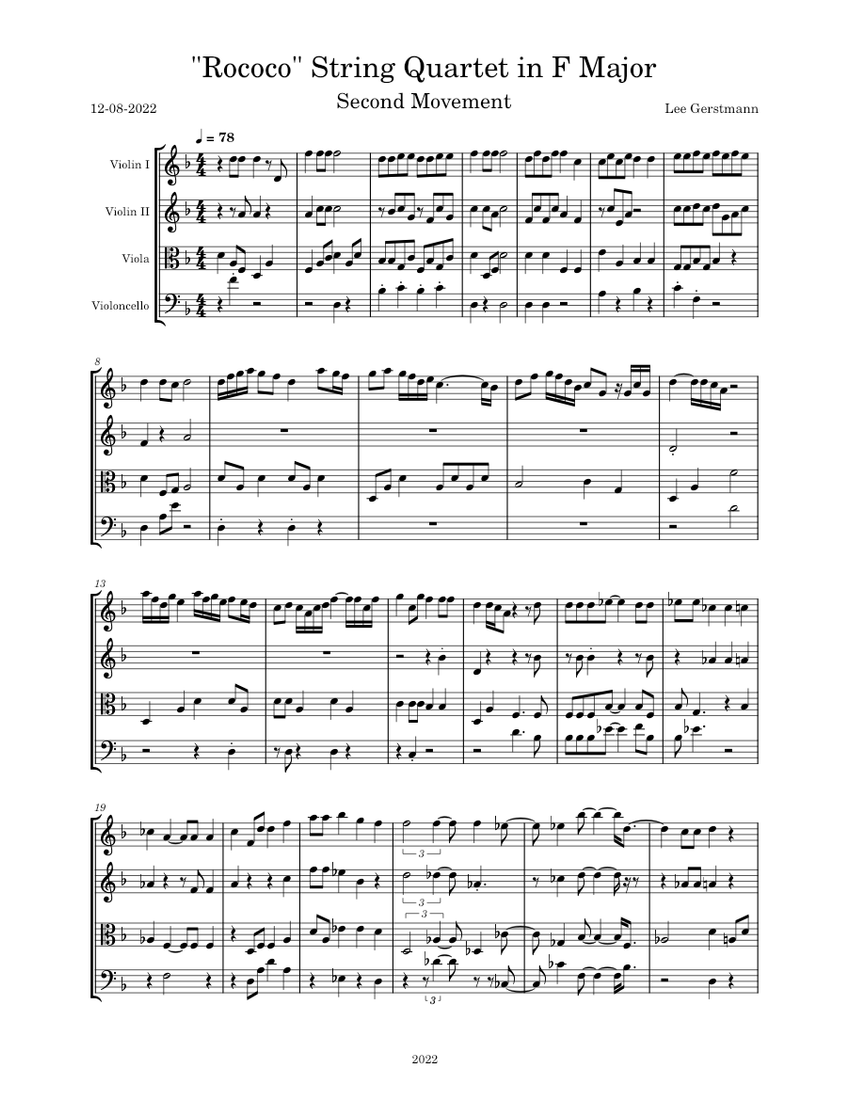 Rococo String Quartet in F Major 2 Sheet Music for Violin, Viola, Cello (String Quartet ...