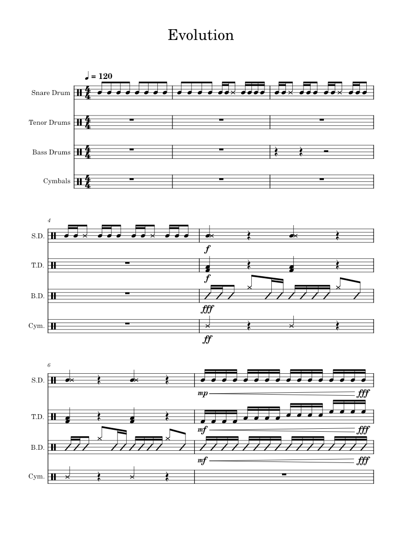 Evolution Sheet music for Snare drum, Crash, Tenor drum, Bass drum ...