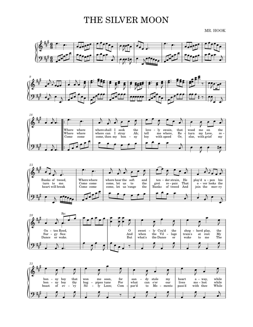 The Silver Moon – James Hook (1795) Sheet Music for Piano (Piano-Voice ...