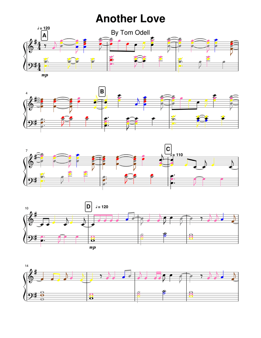 Another love – Tom Odell – partitura colorida para piano Sheet Music ...