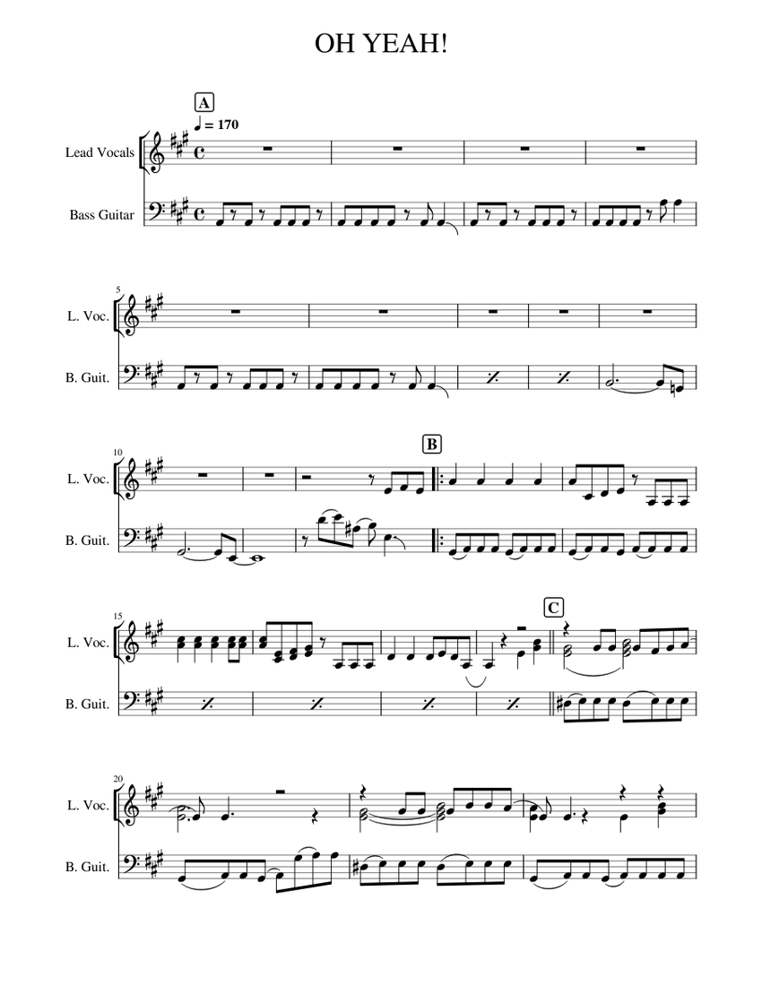 OH YEAH!!! Sheet music for Vocals, Bass guitar (Mixed Duet) | Musescore.com