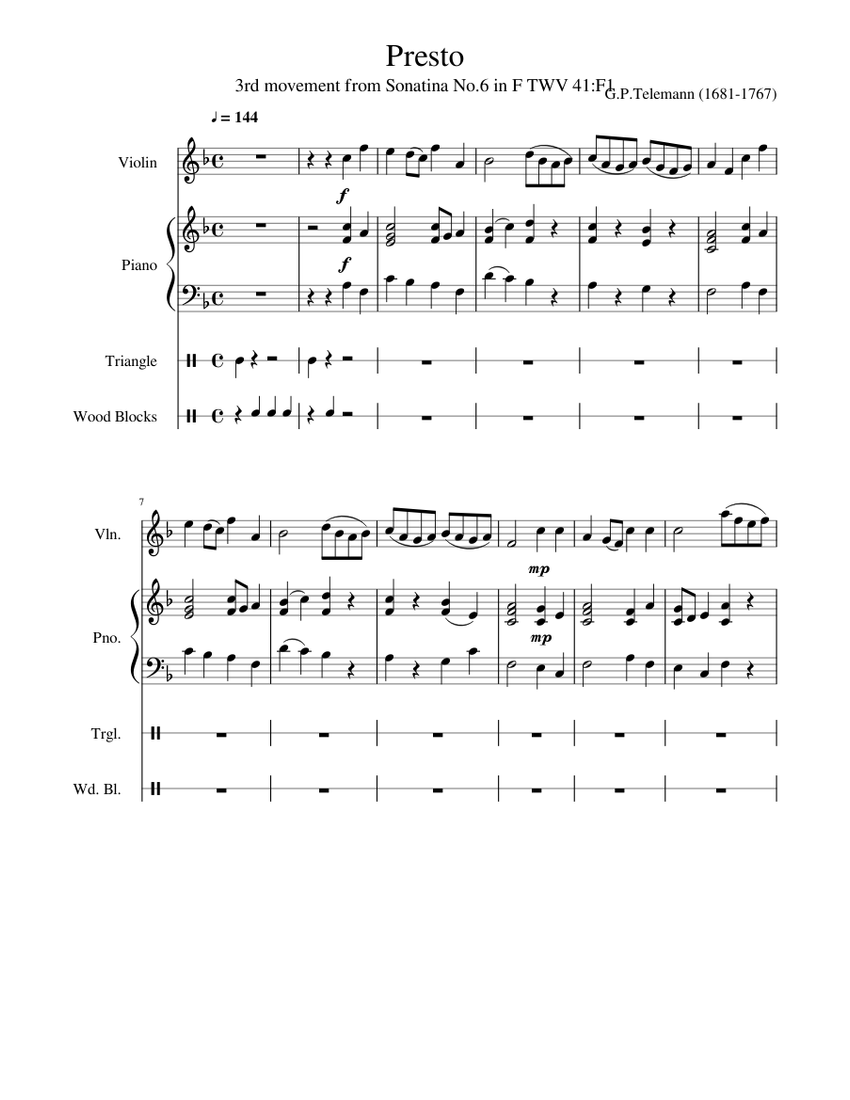 Presto Sheet music for Piano, Violin, Triangle, Woodblock (Mixed ...
