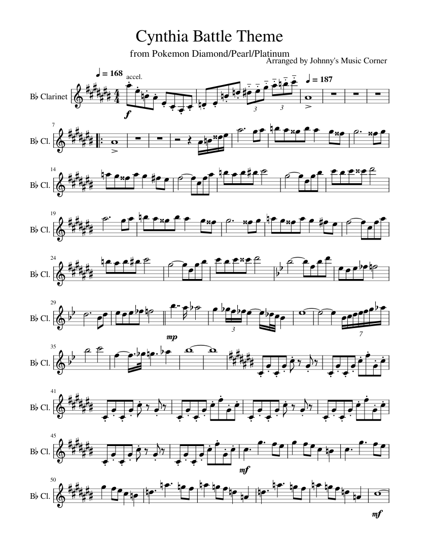 Cynthia Battle Theme // Bb Clarinet // Pokemon Diamond / Pearl ...