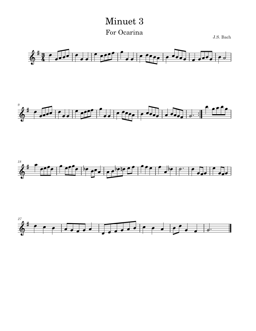 Bach Minuet 3 (J. S. Bach 1685-1750) %%X:5 WJ 2015 – Misc tunes Minuet ...