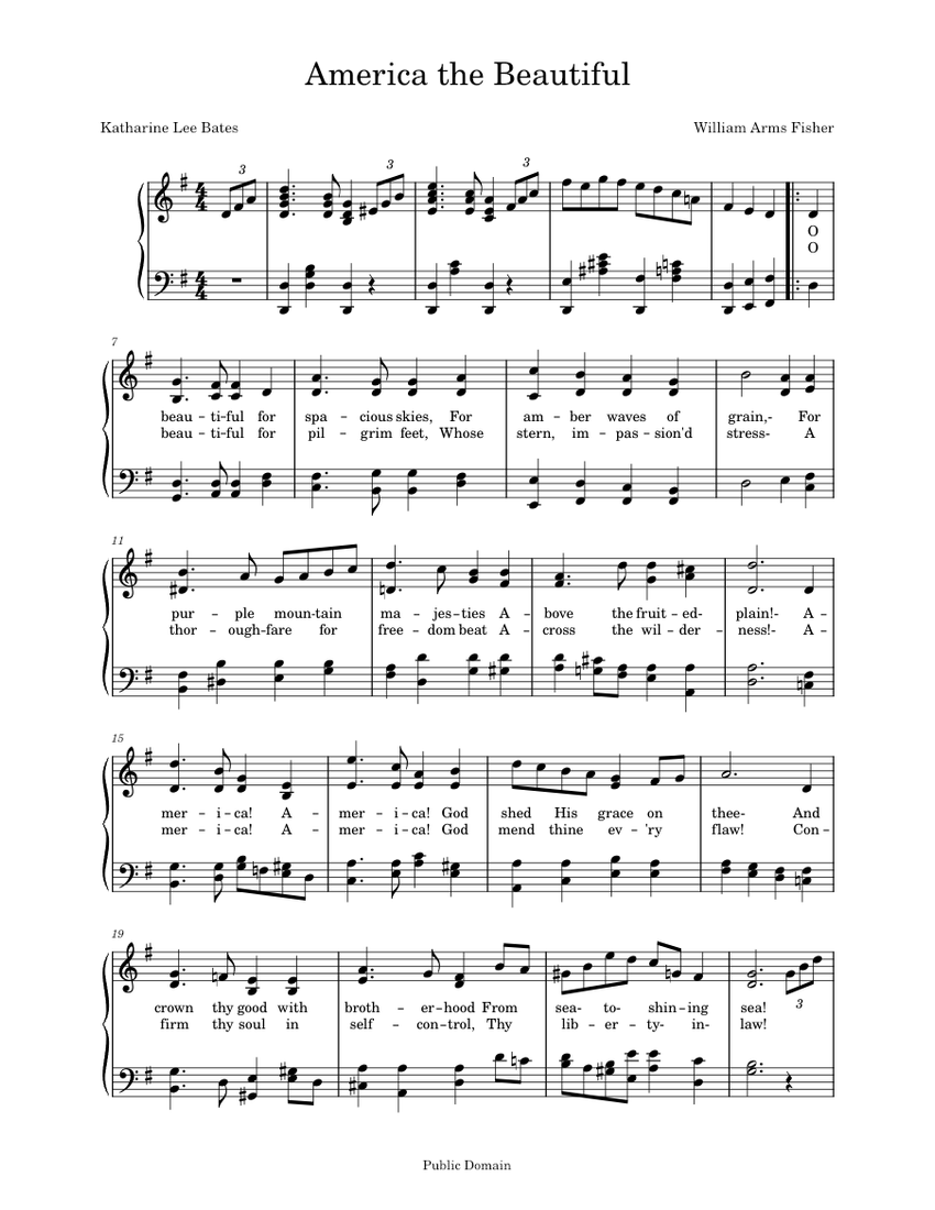 America the Beautiful – Katharine Lee Bates Sheet Music for Piano (Solo ...