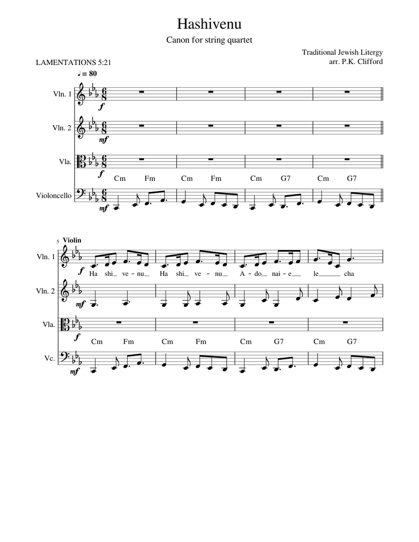 Hashivenu (Jewish Liturgy, for string quartet) Sheet Music for Violin ...