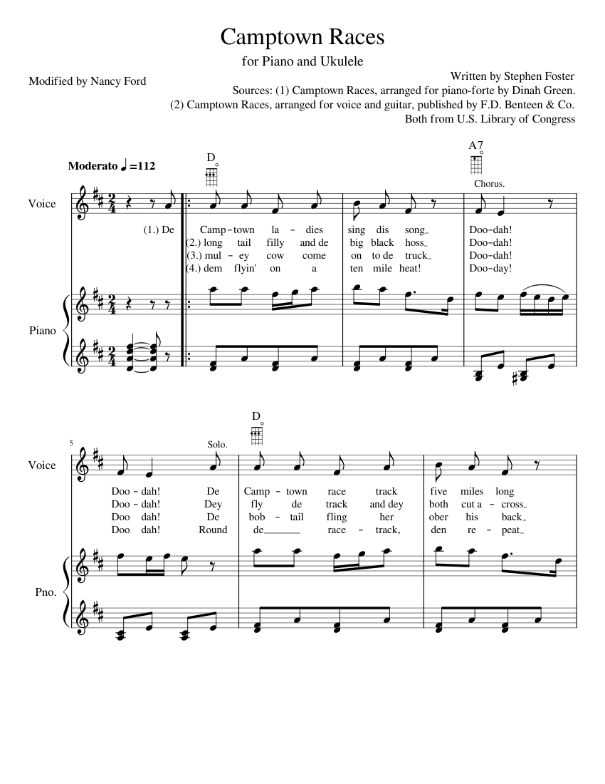 Camptown Races – Stephen Foster (Ukulele and Piano) Sheet Music with ...