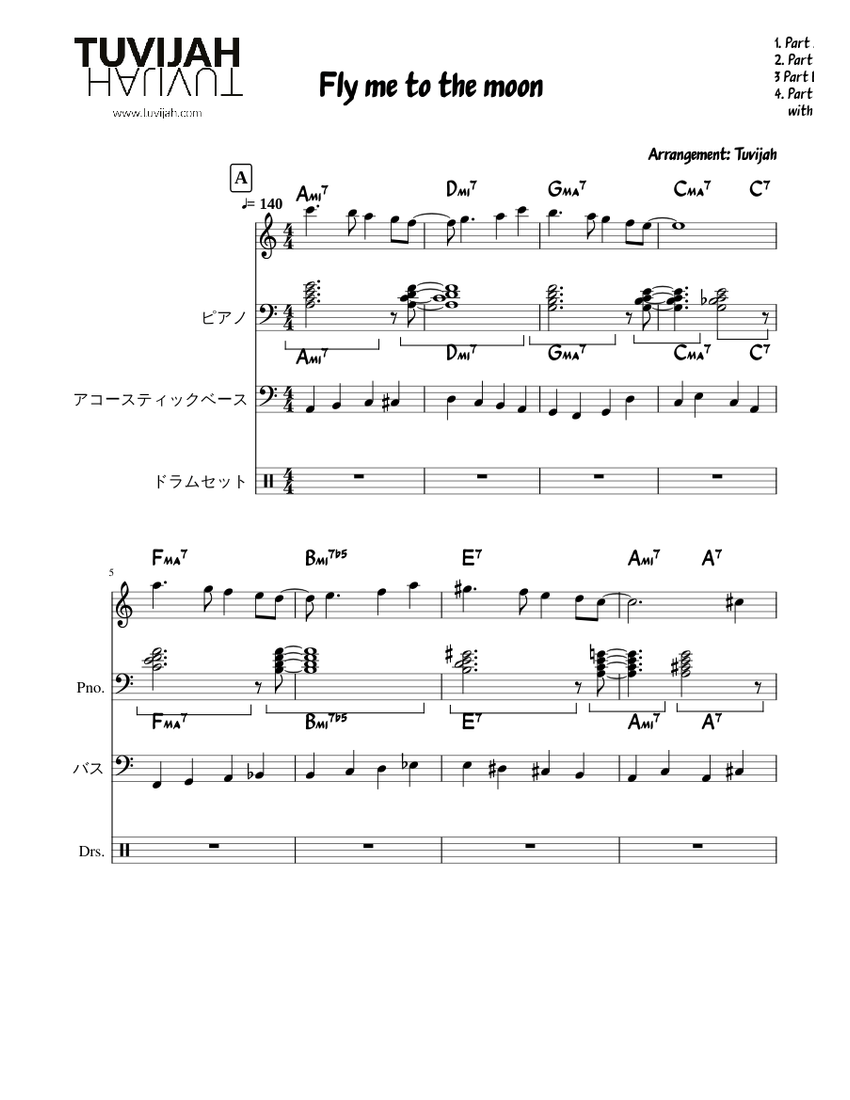 Fly me to the moon Sheet Music with Chords for Piano, Bass guitar, Drum ...