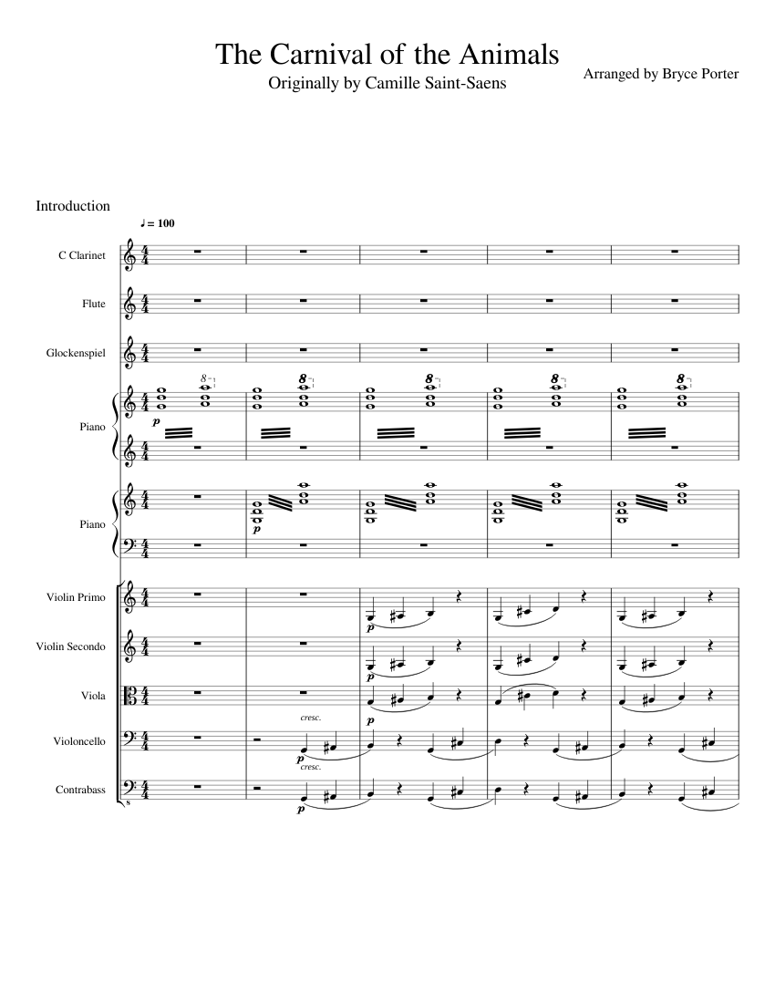 The Carnival of the Animals Sheet Music for Piano, Flute, Contrabass ...