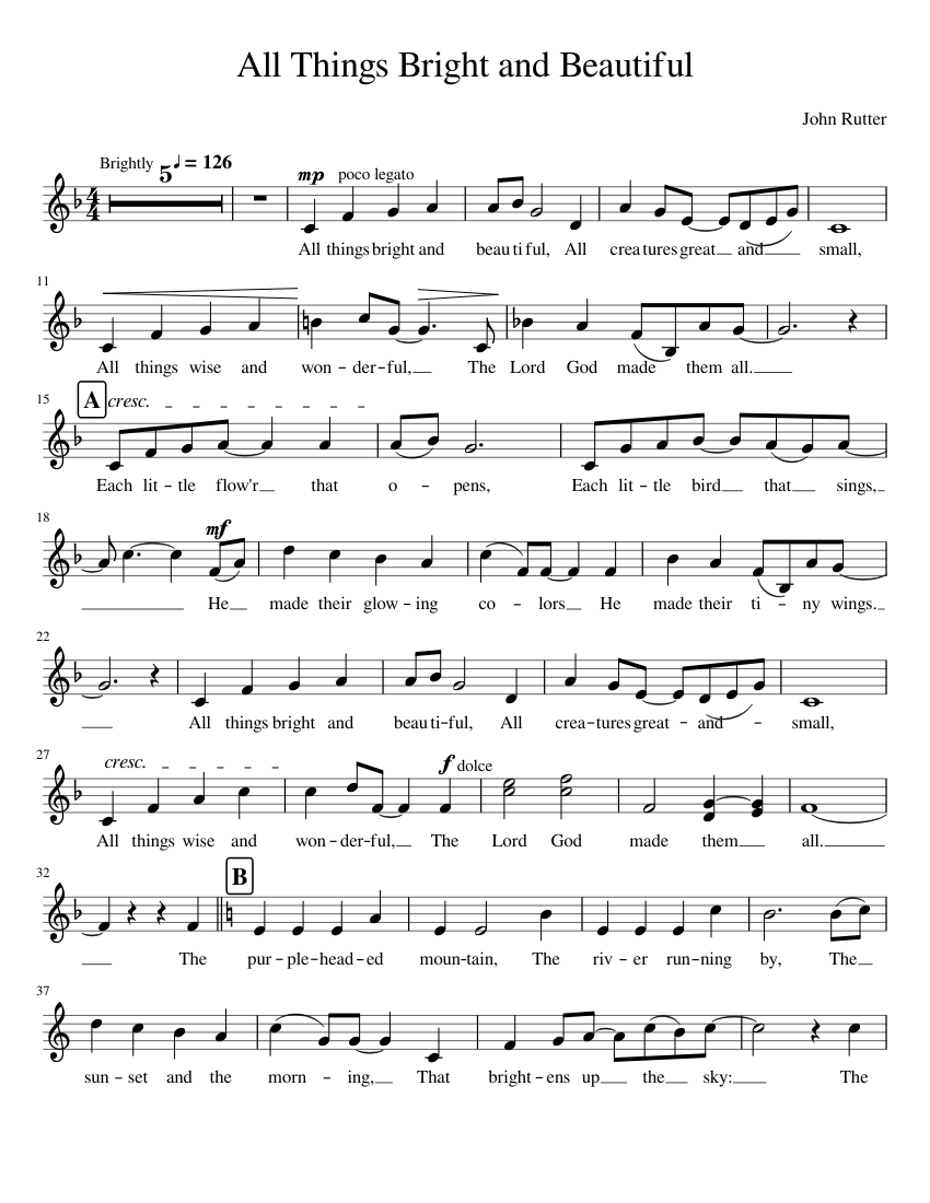 All Things Bright and Beautiful Sheet Music for Piano (Church Choir ...