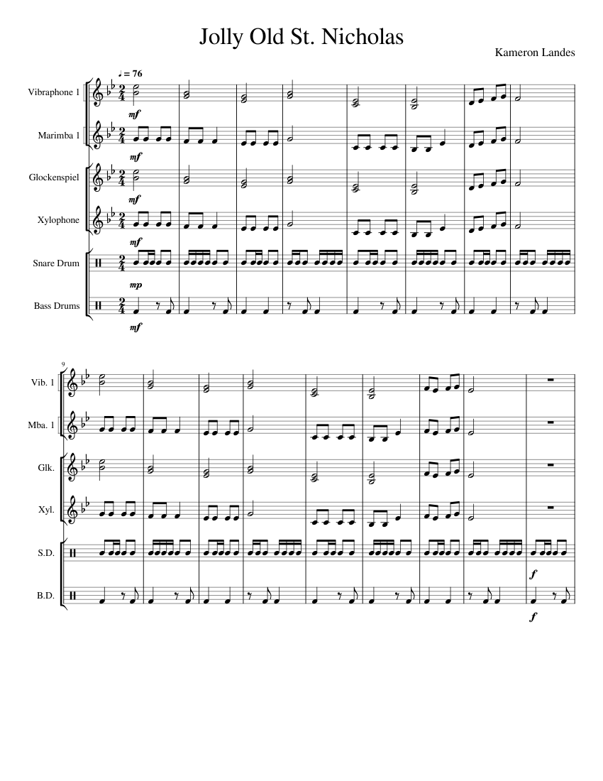 Jolly Old St. Nicholas Sheet Music for Vibraphone, Glockenspiel, Snare ...