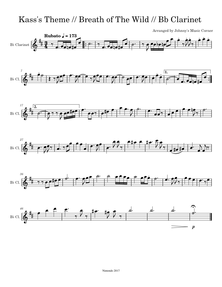 Kass's Theme // Breath of the Wild // Bb Clarinet Sheet Music with ...
