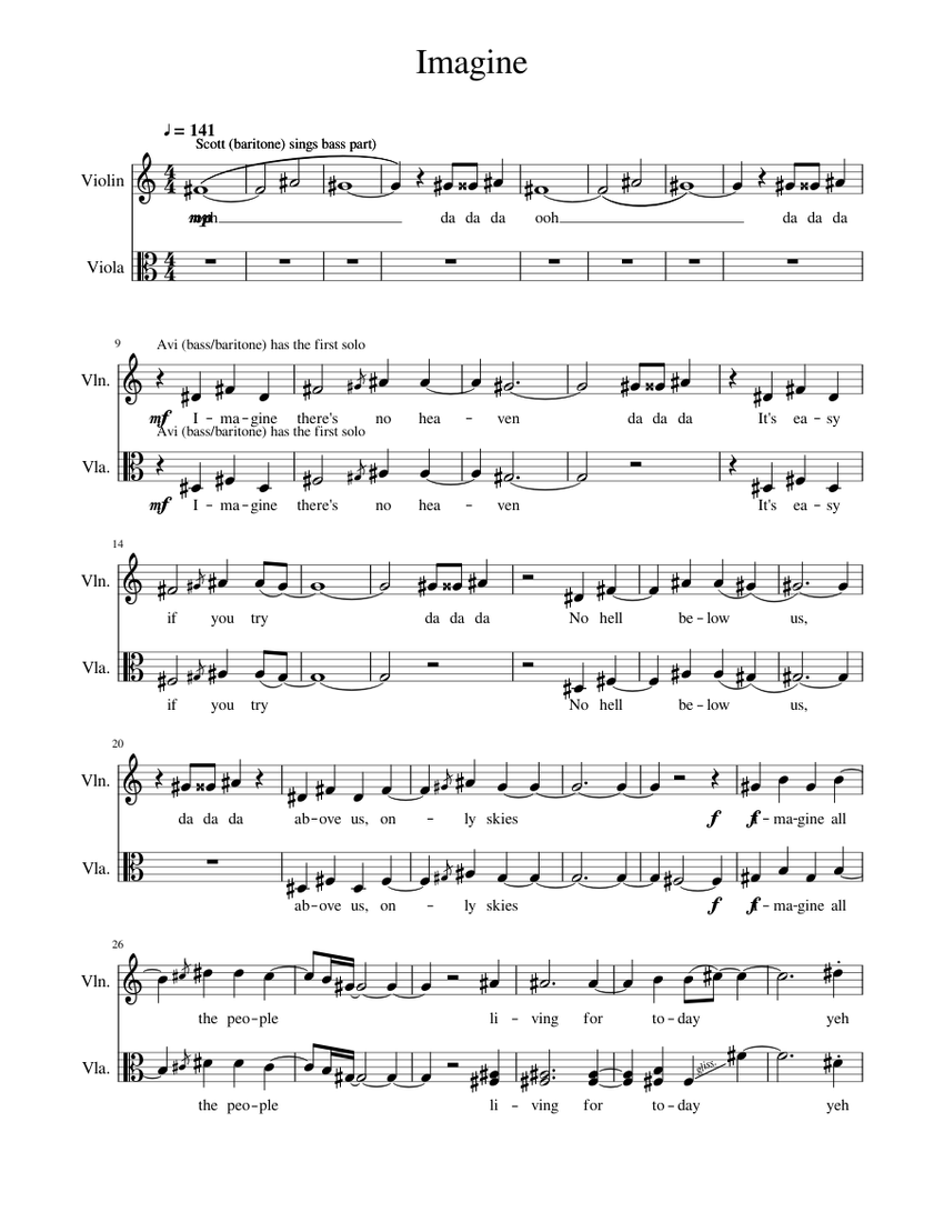 Imagine Jon Lennon duo Sheet Music for Violin, Viola (String Duet ...