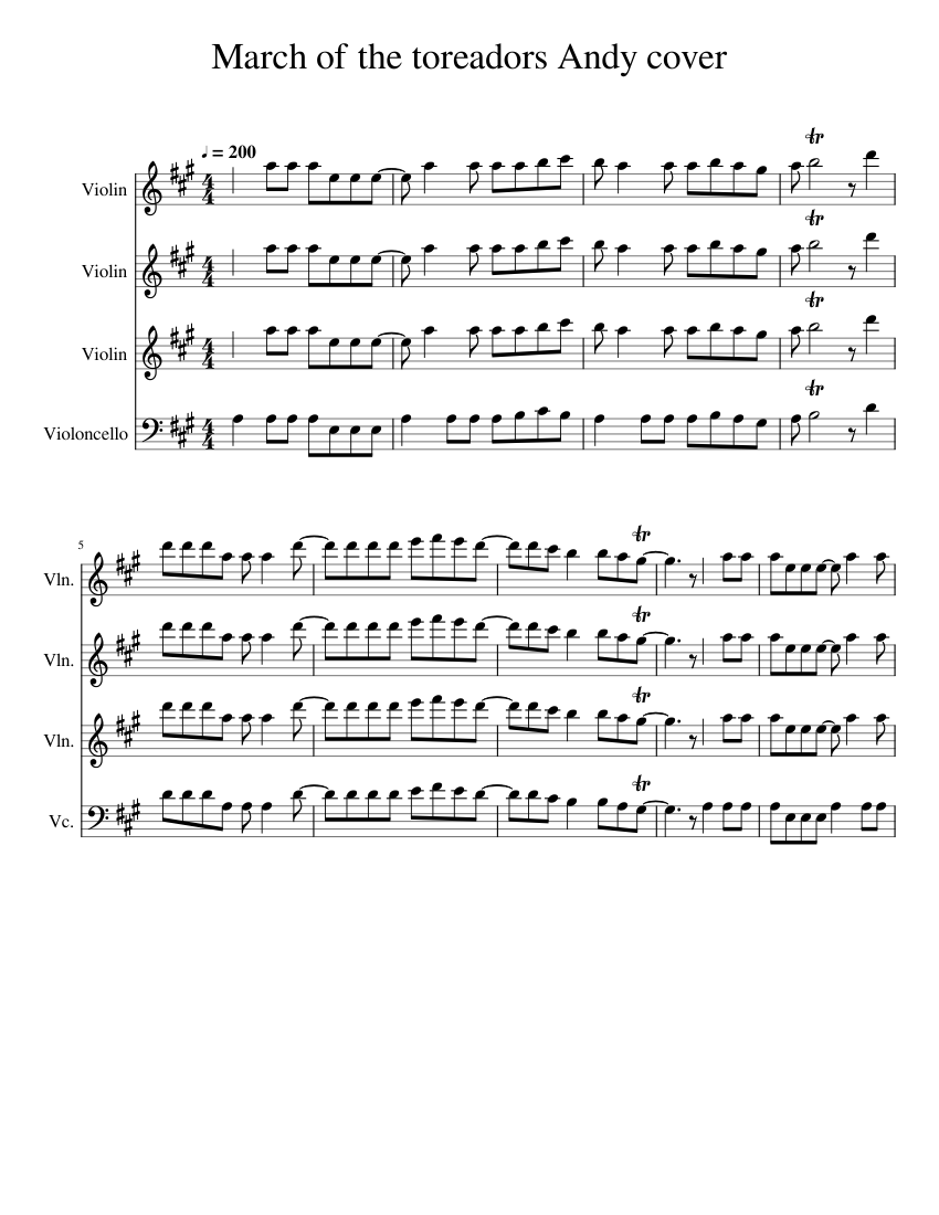 March of the toreadors Sheet Music for Violin, Cello (Chamber Orchestra ...