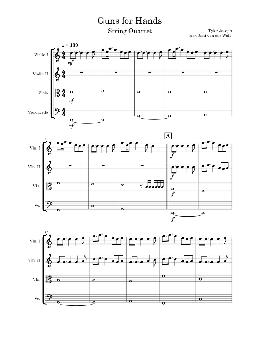Guns for Hands - String Quartet Sheet Music for Violin, Viola, Cello ...