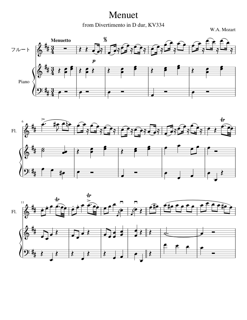 Menuetto Kv334 Sheet music for Piano, Flute (Solo) | Musescore.com