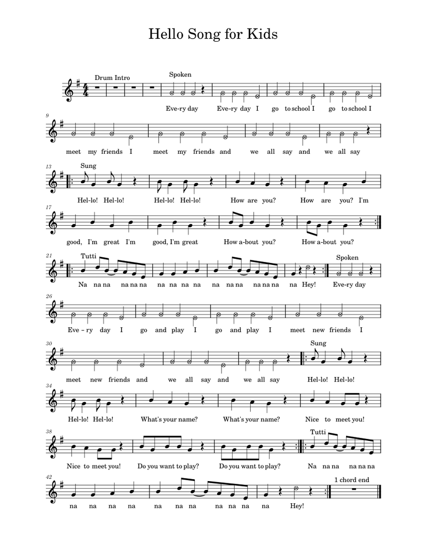 Hello Song for Kids – The Singing Walrus Hello Song for Kids (P1) Sheet ...