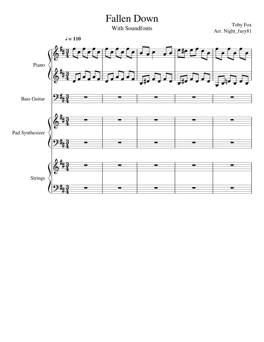 Fallen Down (With exact soundfonts) Sheet Music for Piano, Bass guitar ...