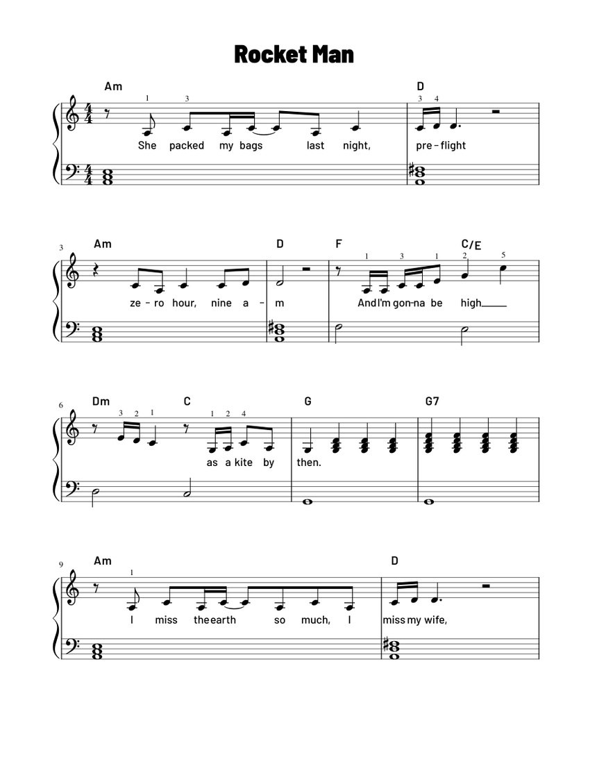 Rocket Man - Elton John - Easy Piano with lyrics Sheet Music with ...
