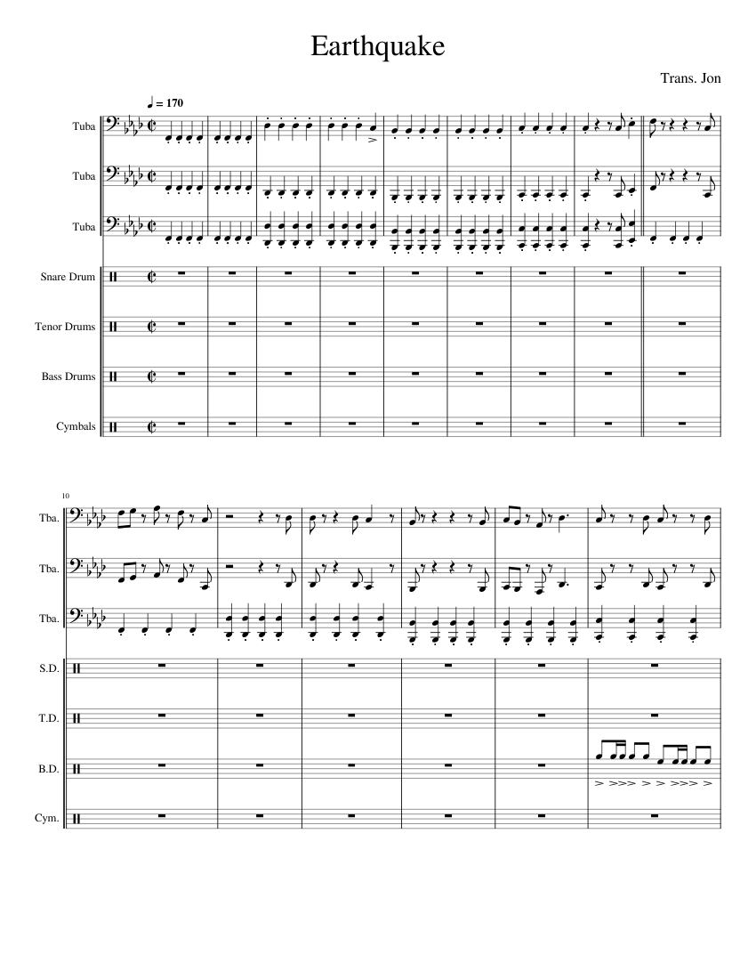 Earthquake Sheet Music for Tuba, Snare drum, Crash, Tenor drum & more ...