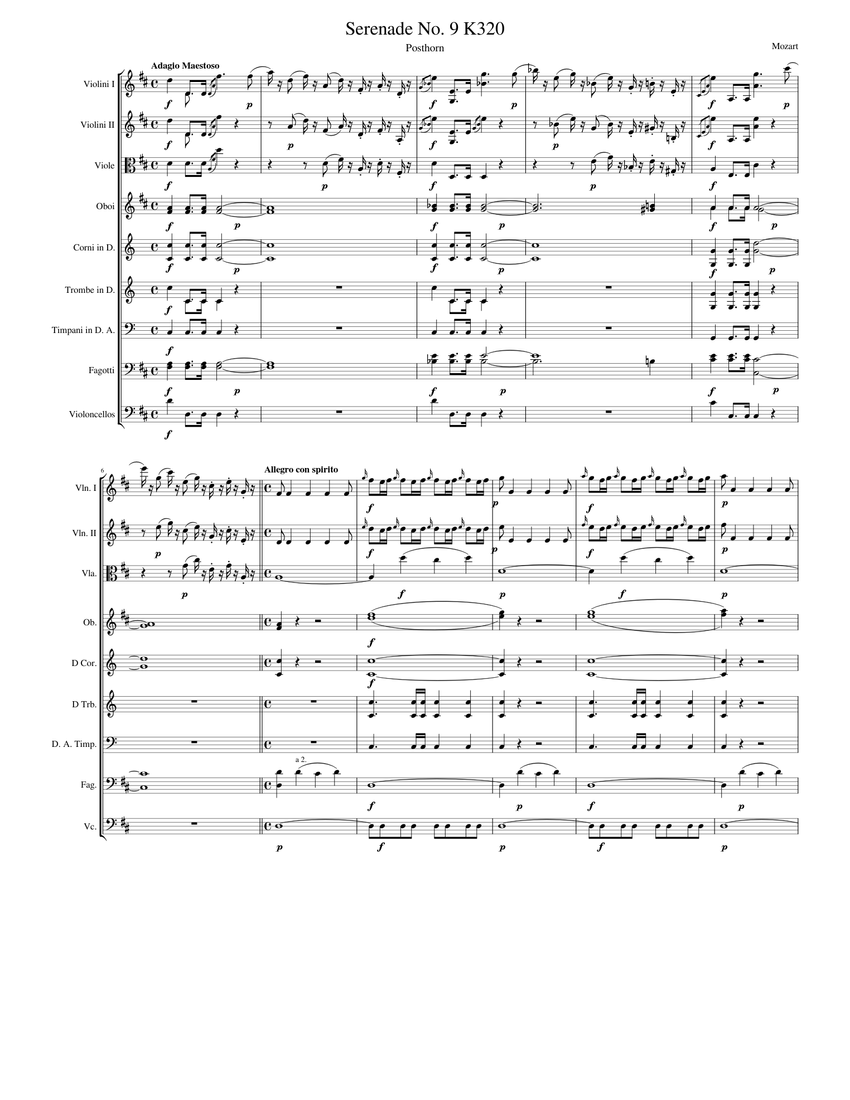 Mozart Serenade No. 9 in D Major "Posthorn" K320 Sheet Music for Flute, Oboe, Bassoon, Timpani ...