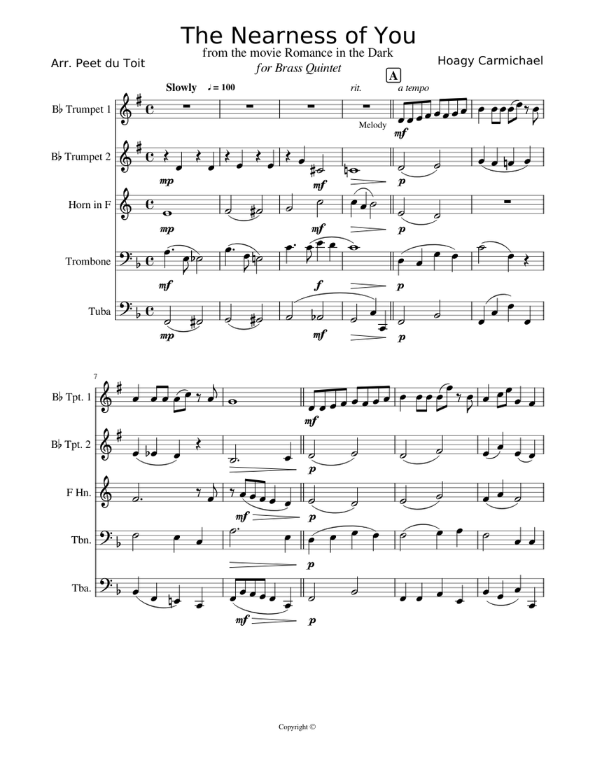 The Nearness of You (from Romance in the Dark) - Hoagy Carmichael (Brass Quintet) - piano tutorial