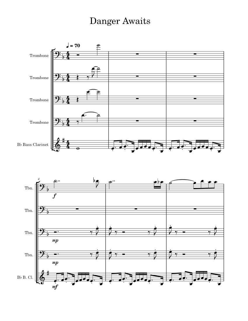 Danger Awaits Sheet music for Trombone, Clarinet bass (Brass Quintet ...
