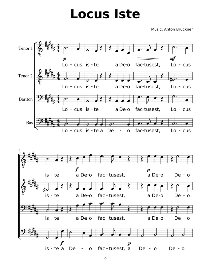 FRM304 Locus Iste-Bruckner-TTBB Sheet Music for Tenor, Baritone horn, Harmonica (Mixed Quartet ...