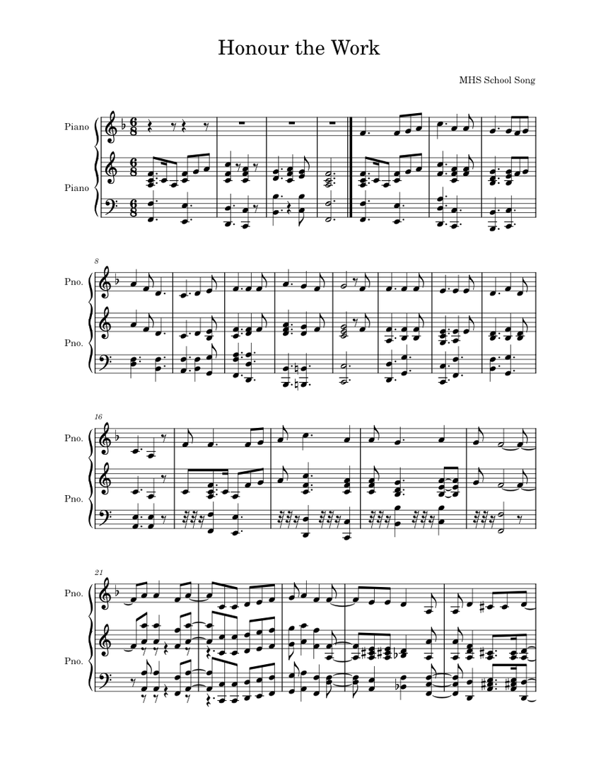 Honour the Work – Charles Breen - MHS School Song Sheet Music for Piano ...