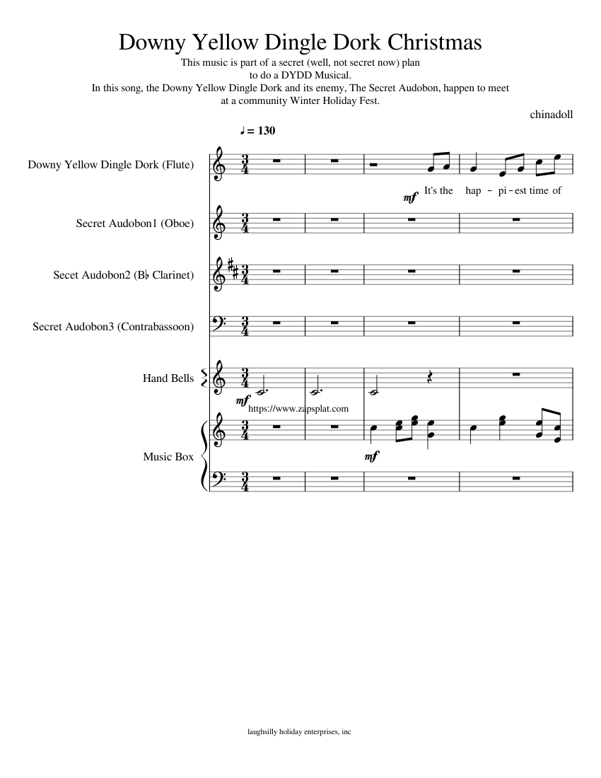 Downy Yellow Dingle Dork Christmas Sheet Music for Piano, Flute, Oboe ...