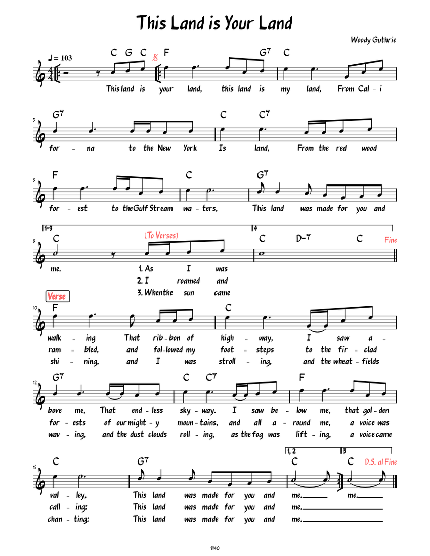 This Land is Your Land (Lead sheet with lyrics ) Sheet Music with ...