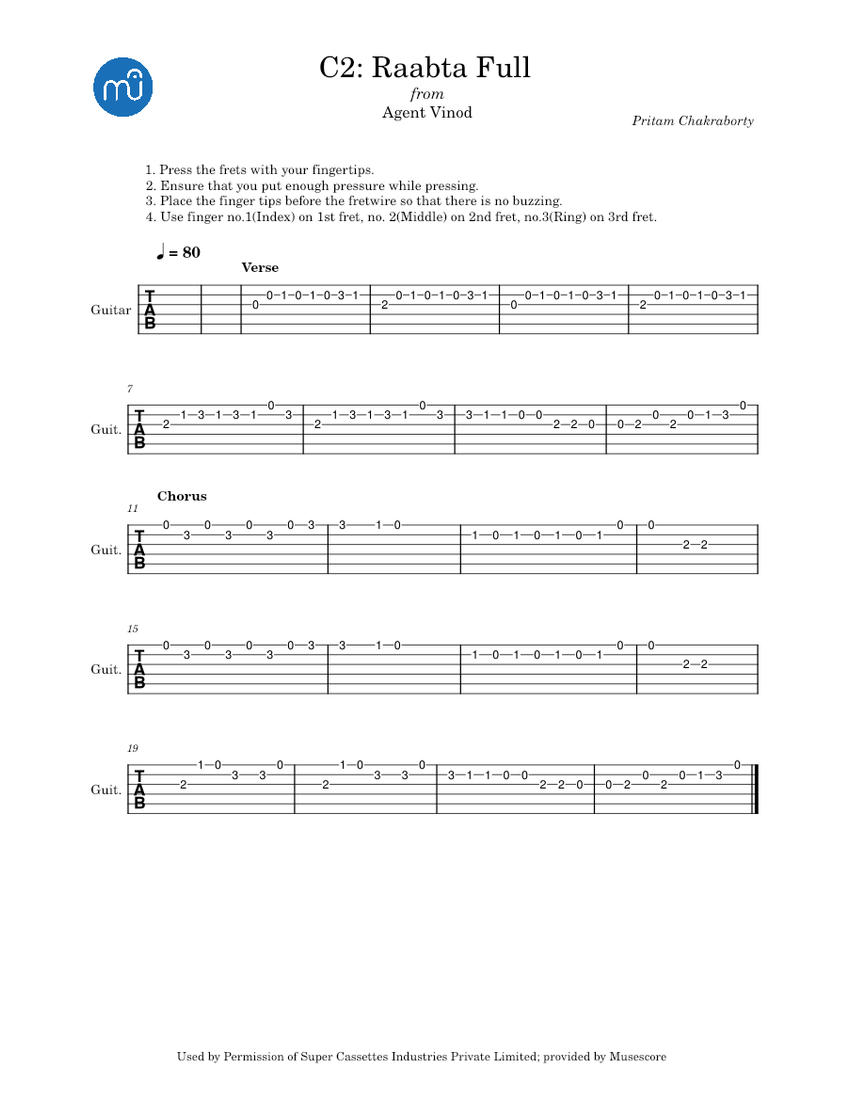C2: Raabta Full Sheet Music and Tab for Guitar (Solo) | MuseScore.com