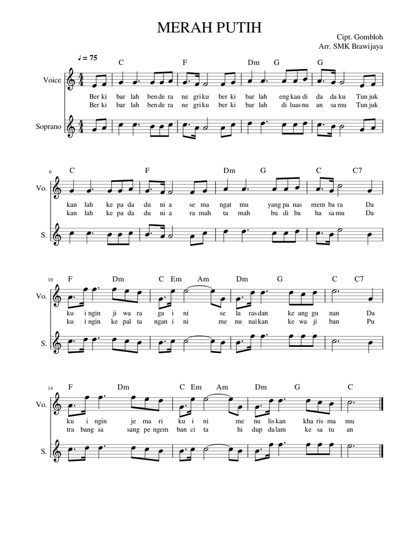 MERAH PUTIH Sheet Music with Chords for Soprano, Vocals (Choral ...
