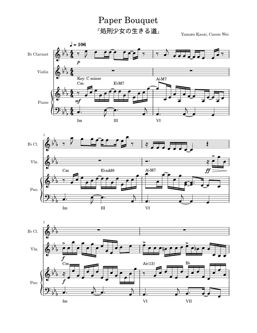 Paper Bouquet - Mili Sheet Music for Piano, Clarinet in b-flat, Violin ...