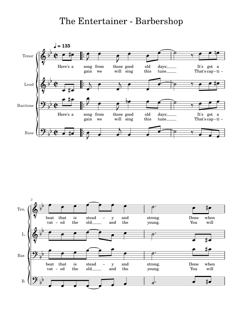 The Entertainer Barbershop Sheet Music for Piano (A Capella ...