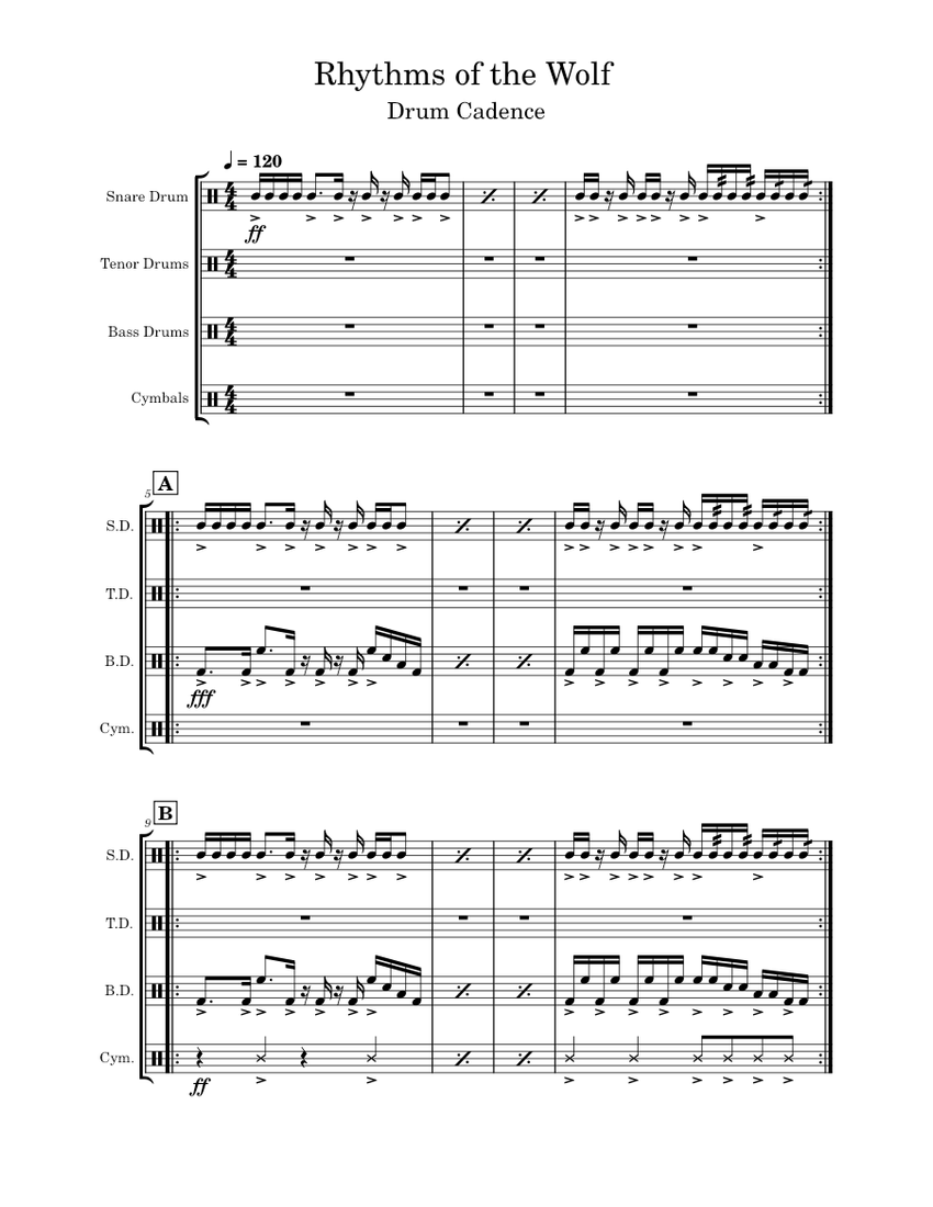 Rhythms of the Wolf (Drum Cadence) Sheet music for Snare drum, Crash ...