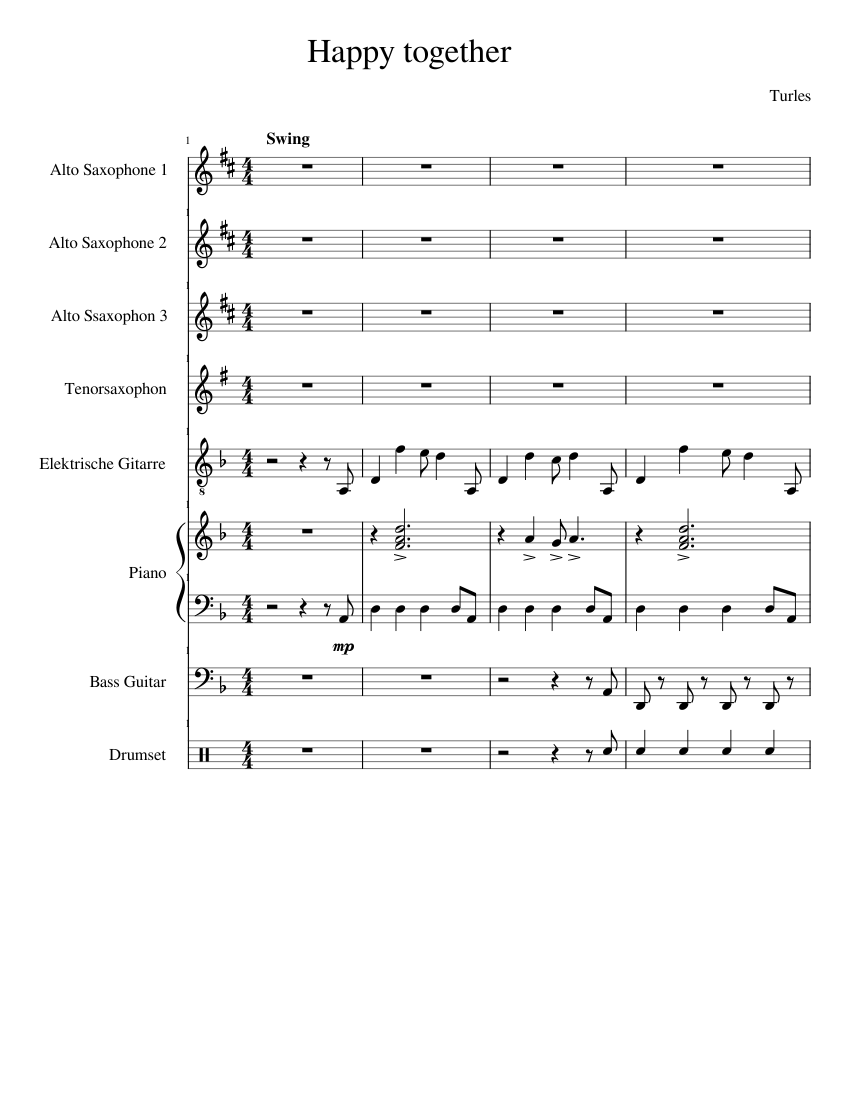 Happy Together - The Turtles 2,F-Dur Sheet music for Piano, Saxophone ...