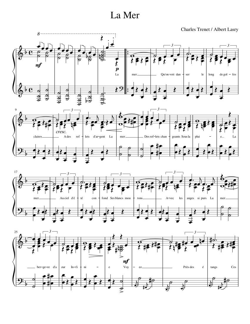 La Mer: Trenet/Lasry Sheet Music for Piano (Solo) easy | MuseScore.com