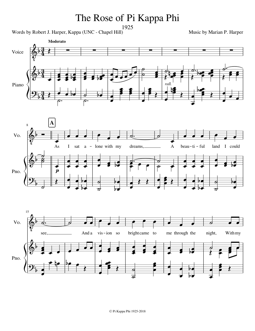 The Rose of Pi Kappa Phi Sheet Music for Piano, Vocals (Piano-Voice ...