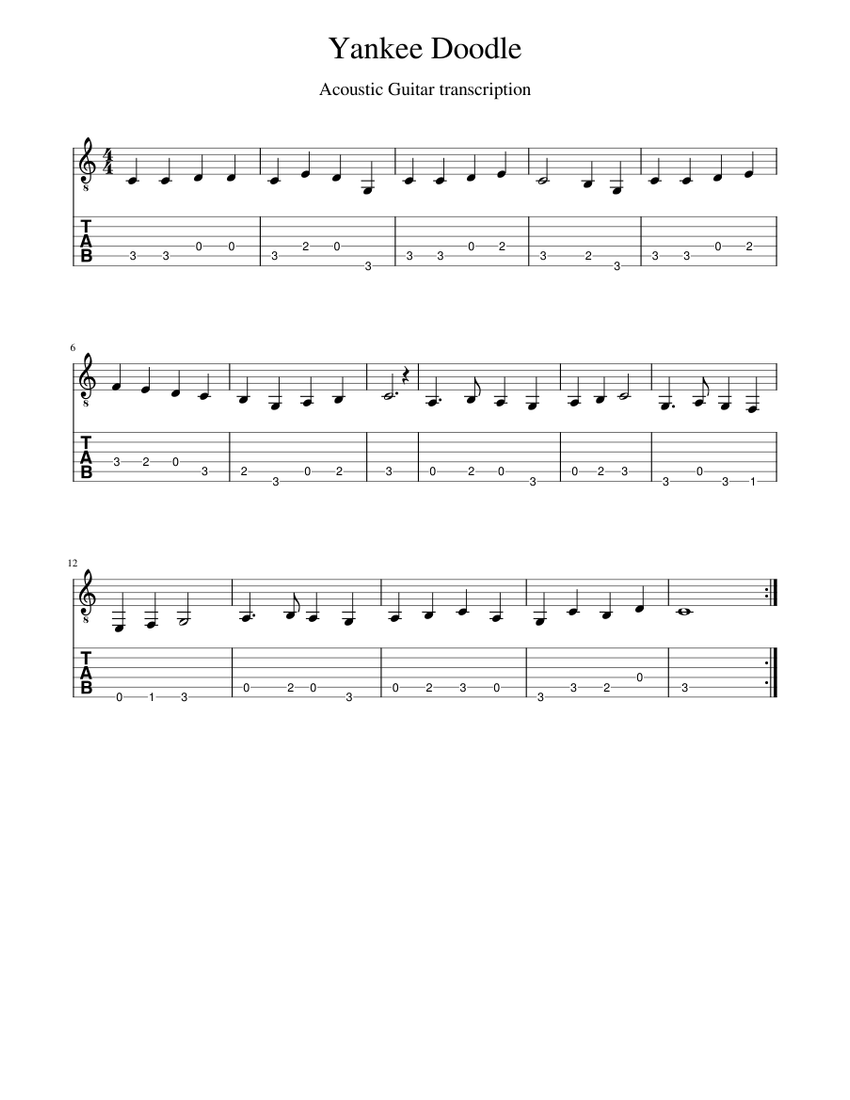 Yankee Doodle – Misc Traditional Sheet Music and Tab for Guitar (Solo ...