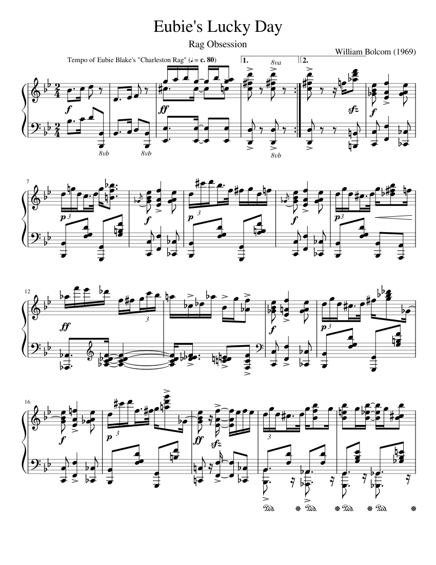 Eubie's Lucky Day ― William Bolcom ― Piano Rag Sheet Music for Piano ...