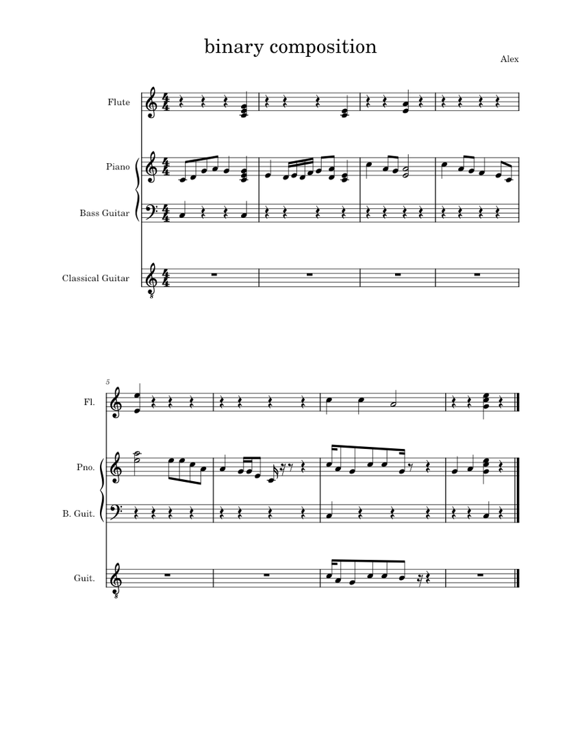 Binary Composition Sheet music for Piano, Flute, Guitar, Bass guitar ...