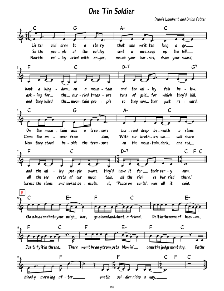 One Tin Soldier (Lead sheet with lyrics ) - piano tutorial