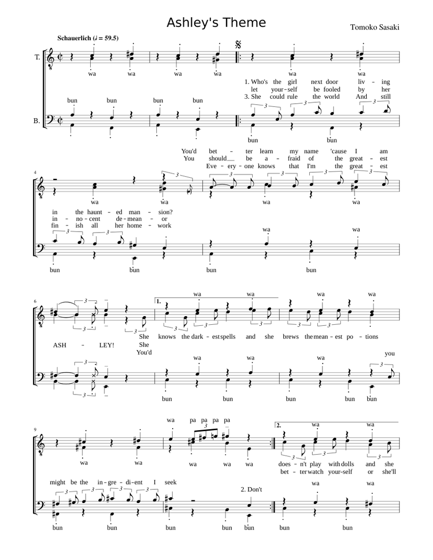 Ashley's Theme for Men's Chorus in 4 Voices Sheet Music for Piano (Men ...