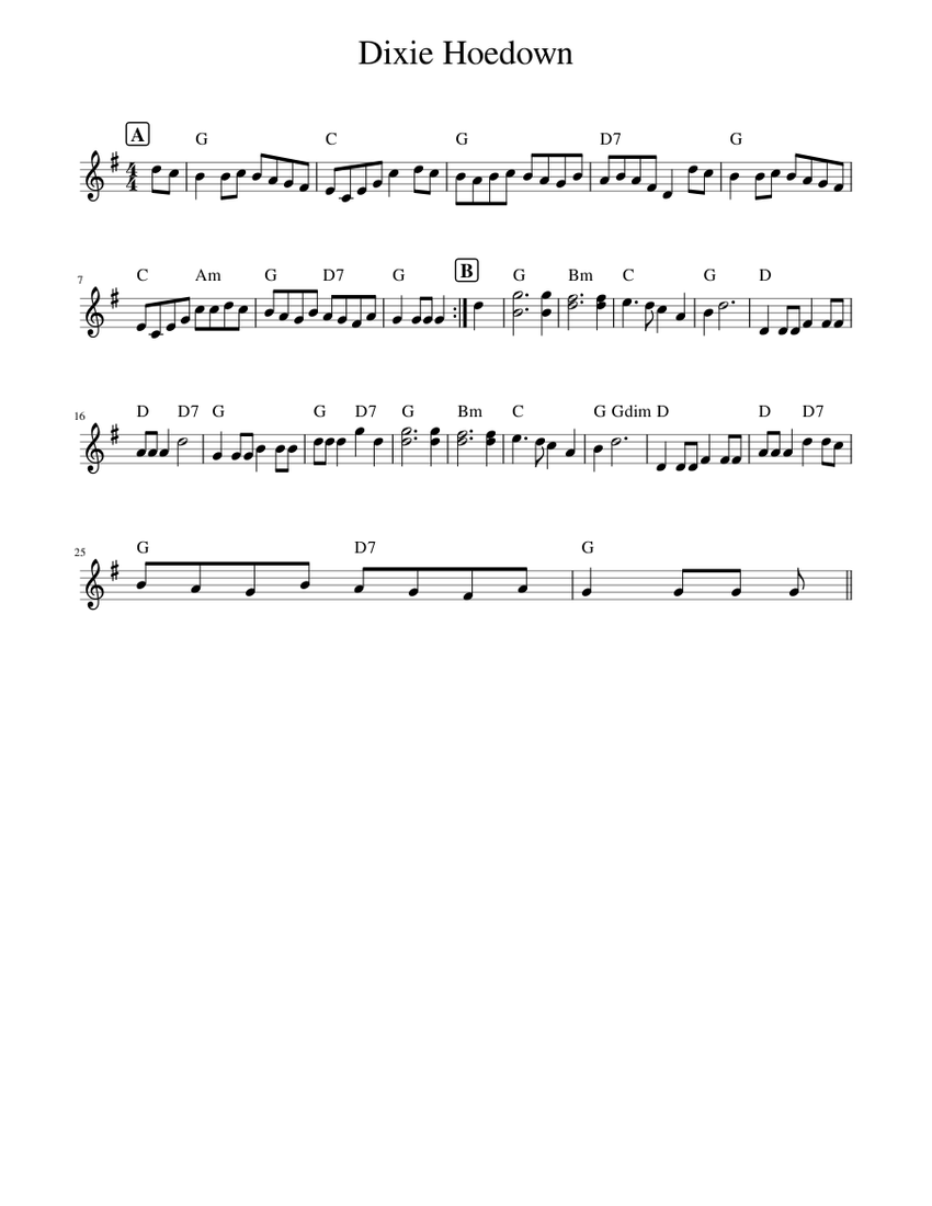 Dixie Hoedown Sheet Music with Chords for Piano (Solo) easy | MuseScore.com